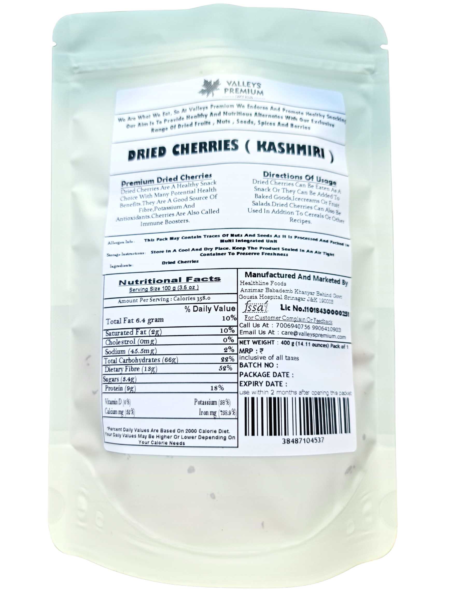 Valleys Premium Dehydrated And Sun Dried Kashmiri Cherries 400 Grams ...