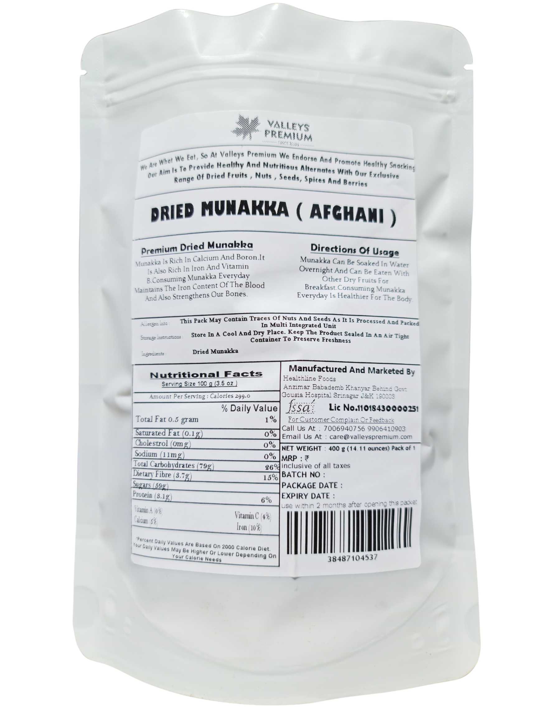 Valleys Premium Afghani Dried Munaka 400 Gram